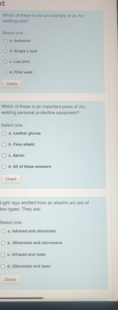 Solved: Which of these is not an example of an Arc welding joint ...