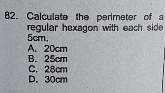 Solved: Calculate the perimeter of a regular hexagon with each side 5cm ...