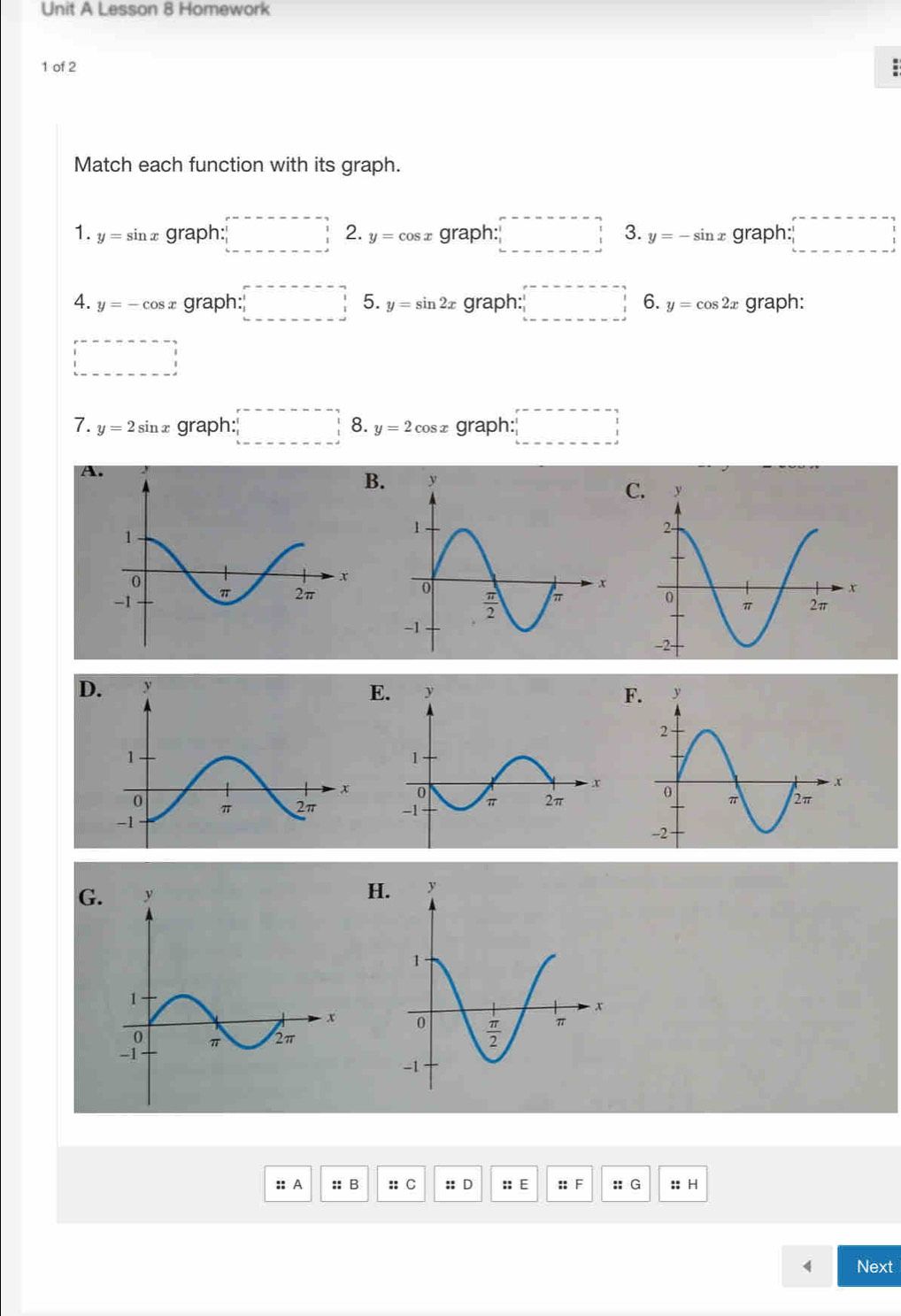 Solved: Lesson 8 Homework 1 of 2 Match each function with its graph. 1 ...
