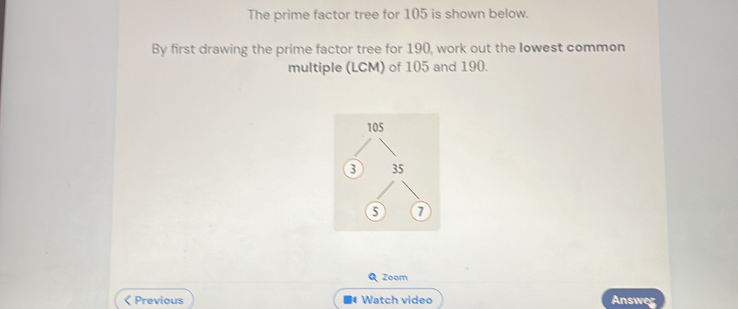 Solved: The prime factor tree for 105 is shown below. By first drawing the prime factor tree for ...