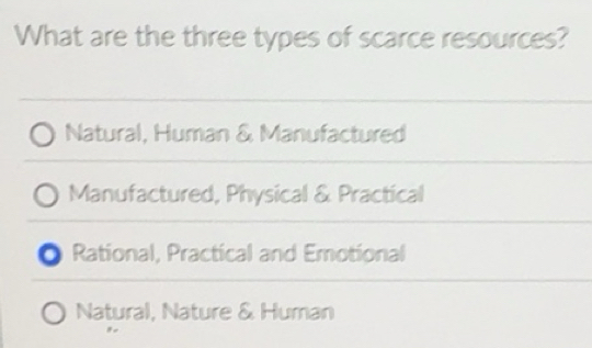Solved: What are the three types of scarce resources? Natural, Human ...