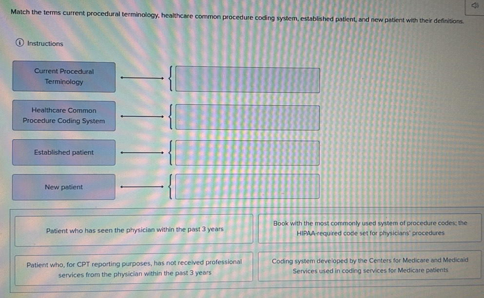 Solved: Match the terms current procedural terminology, healthcare ...