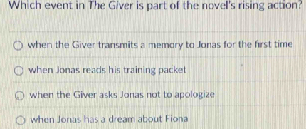 Solved: Which event in The Giver is part of the novel's rising action ...