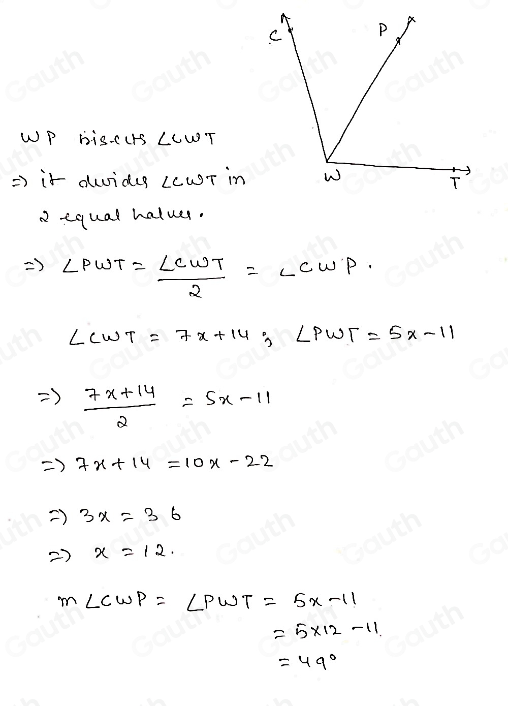 Solved: ∠ CWT is shown where vector WP bisects ∠ CWT where m∠ CWT=(7x ...