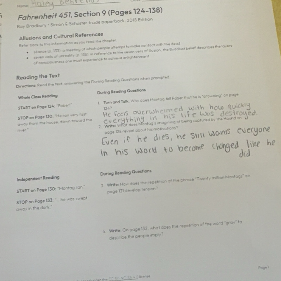 Solved: Name _ _ Fahrenheit 451, Section 9 (Pages 124-138) Ray Bradbury ...