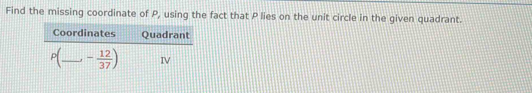 Solved: Find the missing coordinate of P, using the fact that P lies on the unit circle in the ...
