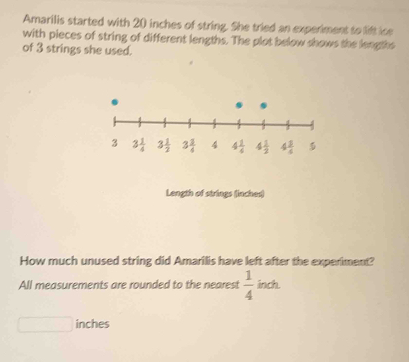 Solved: Amarilis started with 20 inches of string. She tried an experiment to lift ice with ...
