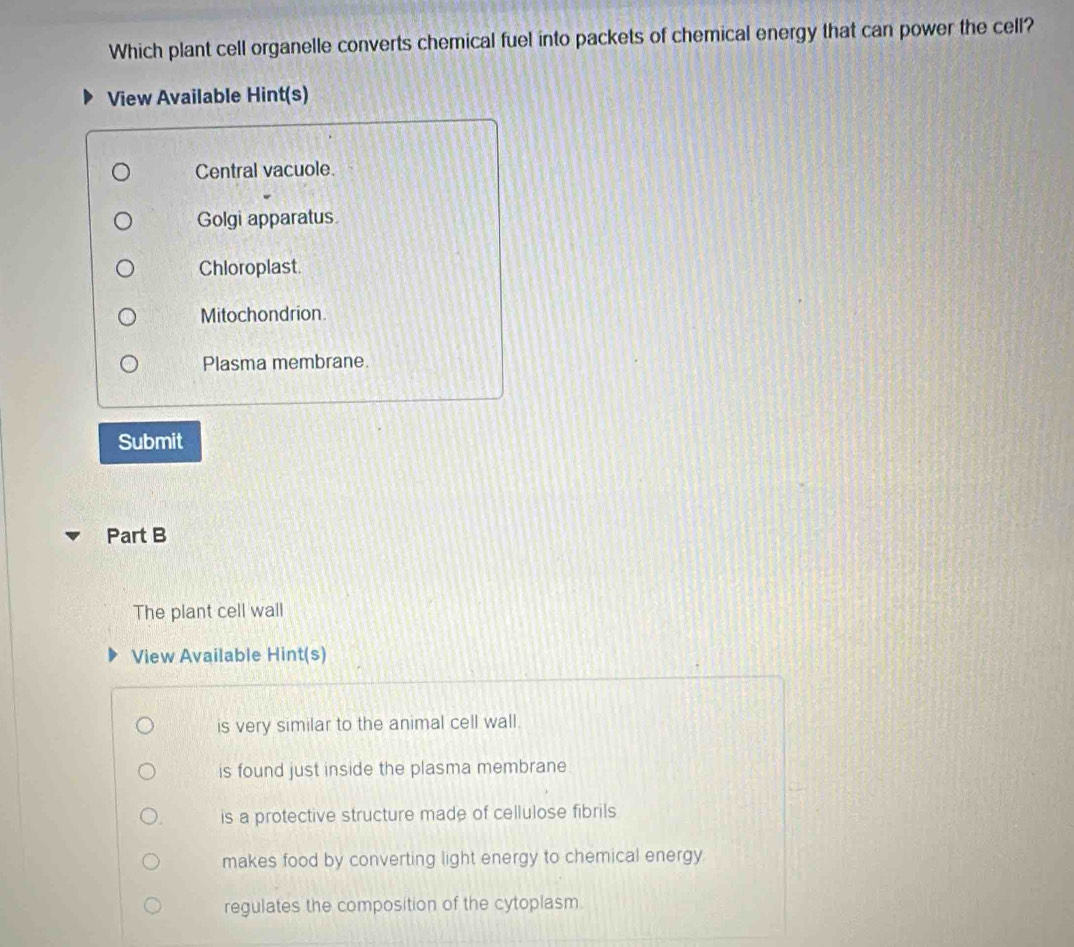 Solved: Which plant cell organelle converts chemical fuel into packets of chemical energy that ...