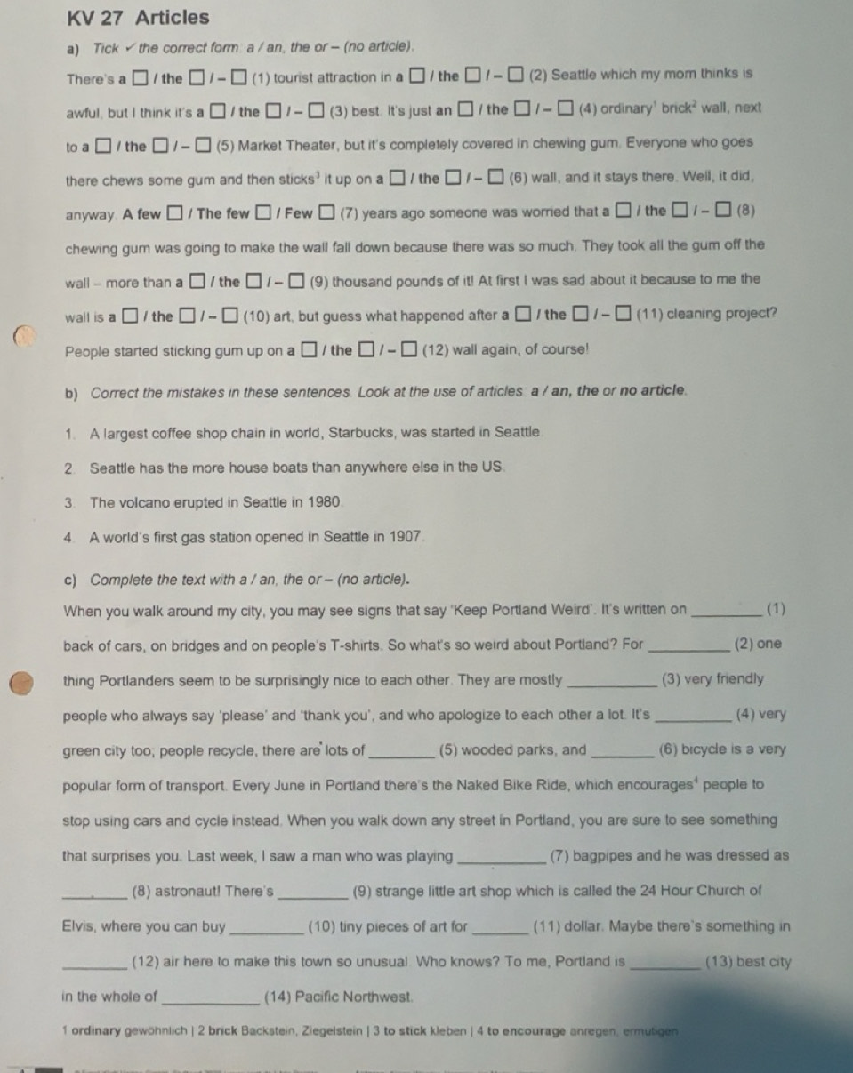 Gelöst:KV 27 Articles a) Tick √ the correct form: a / an, the or - (no ...