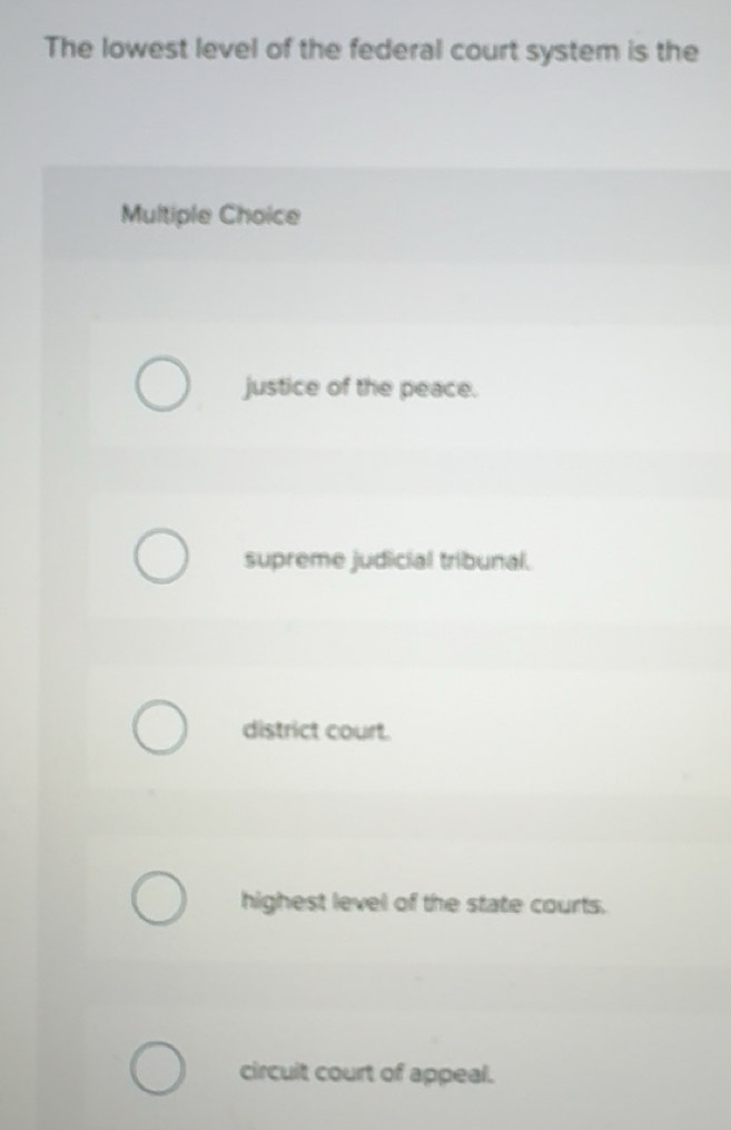 Solved: The lowest level of the federal court system is the Multiple ...