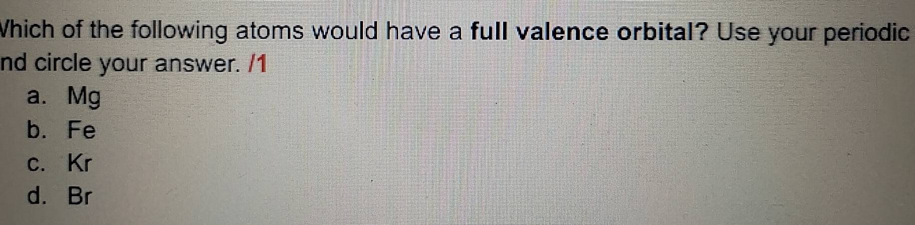 Solved: Which of the following atoms would have a full valence orbital ...