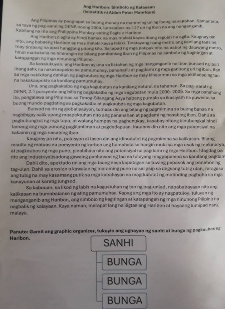 Solved: Ang Haribon: Simbolo ng Kalayaan (Isinatitik ni Alden Peter ...