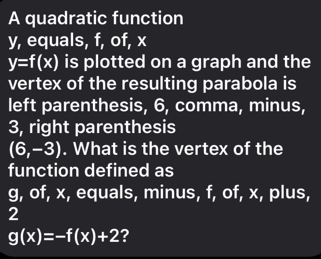 Solved: A quadratic function y_1 equals, f, of, x y=f(x) is plotted on a graph and the vertex of ...