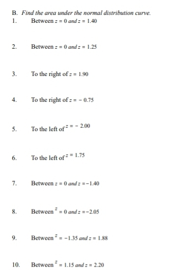 Solved: Find the area under the normal distribution curve. 1. Between z ...