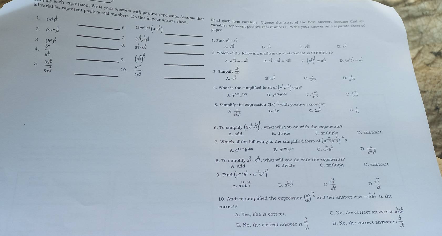 Solved: all variables represent positive real numbers. Do this in your answer sheet. lly each ...