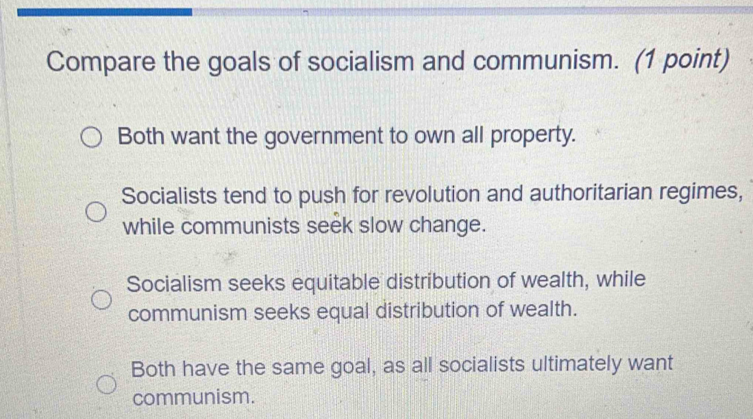 Solved: Compare the goals of socialism and communism. (1 point) Both ...