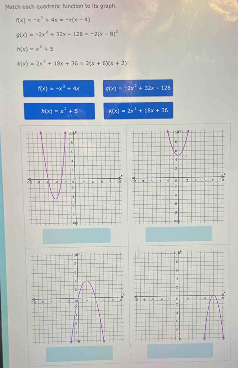 Solved: Match each quadratic function to its graph. f(x)=-x^2+4x=-x(x-4 ...