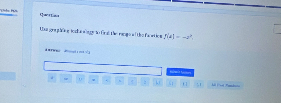 Solved: plete: 9 Question Use graphing technology to find the range of the function f(x)=-x^2. A ...