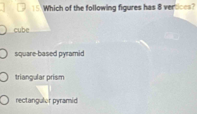 Solved: Which of the following figures has 8 vertices? cube square ...