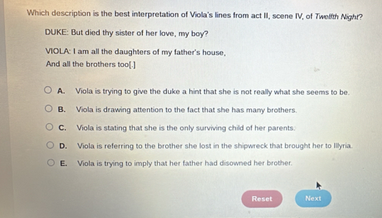 Solved: Which description is the best interpretation of Viola's lines ...