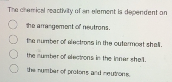 Solved: The chemical reactivity of an element is dependent on the ...