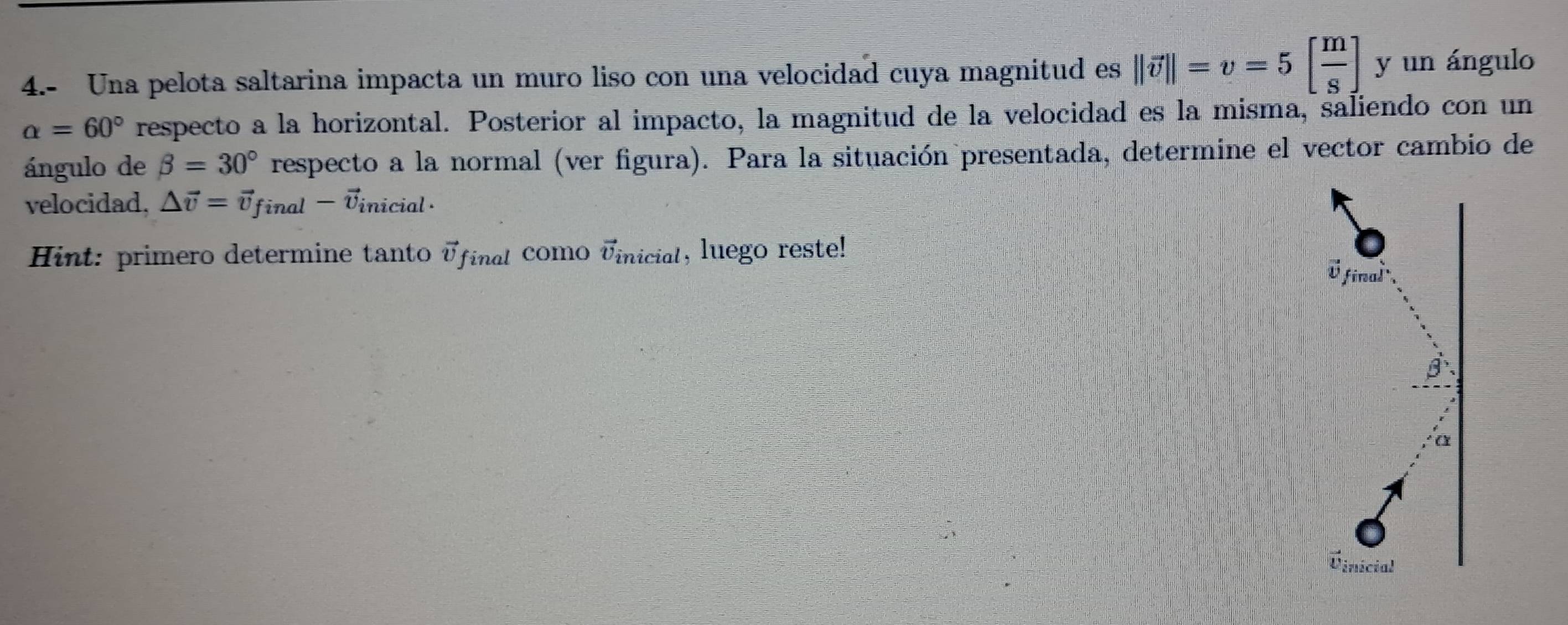 Solved: 4.- Una pelota saltarina impacta un muro liso con una velocidad ...
