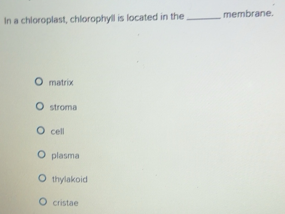 Solved: In a chloroplast, chlorophyll is located in the _membrane ...