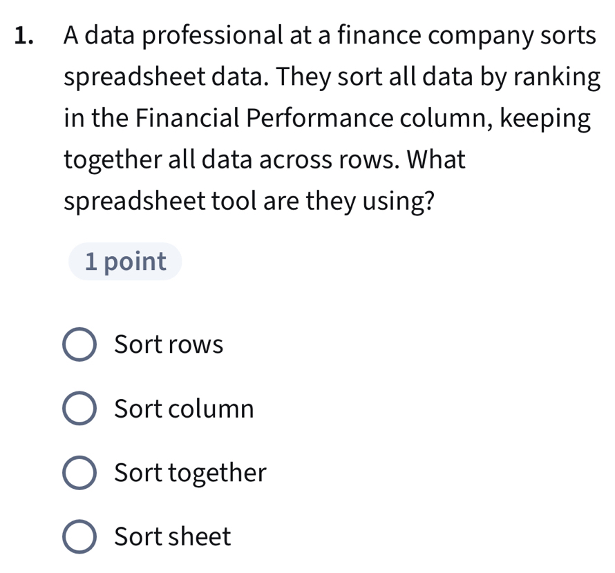 Solved: A data professional at a finance company sorts spreadsheet data ...