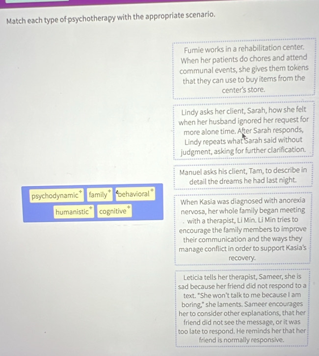 Solved: Match each type of-psychotherapy with the appropriate scenario ...