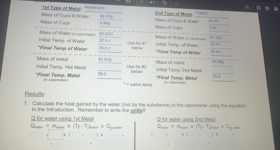 Solved: of 1 T 1st Type of Metal: Aluminum 2nd Type of Metal: Copper ...