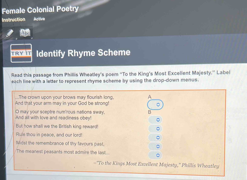 Solved: Female Colonial Poetry Instruction Active # Identify Rhyme ...