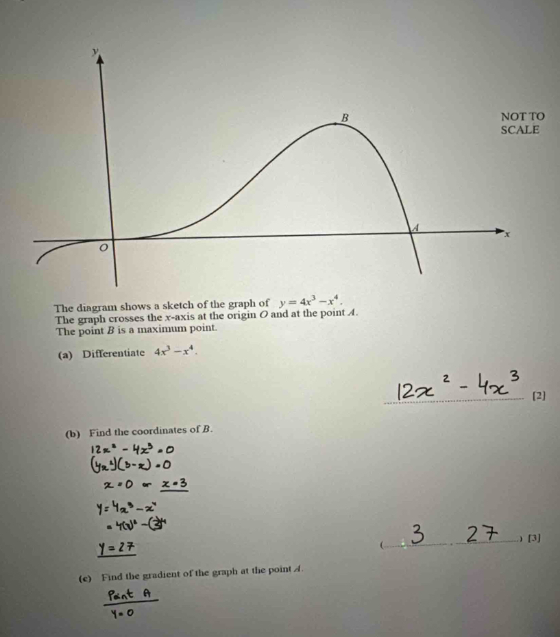 تم الحل:The diagram shows a sketch of the graph of y=4x^3-x^4. The graph crosses the x-axis at th