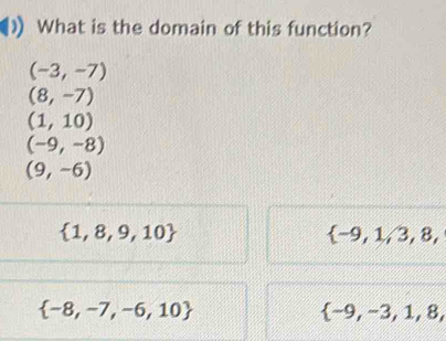 Solved: What is the domain of this function? (-3,-7) (8,-7) (1,10) (-9 ...
