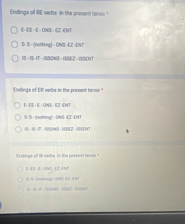 Solved: Endings of RE verbs in the present tense E- ES - E - ONS - EZ ...