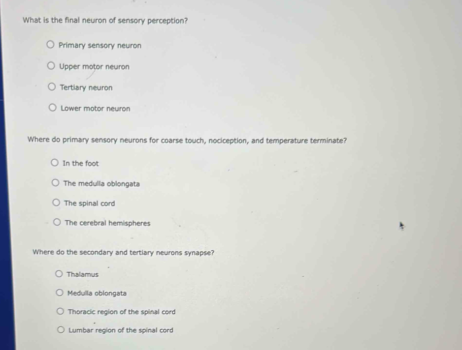 Solved: What is the final neuron of sensory perception? Primary sensory ...