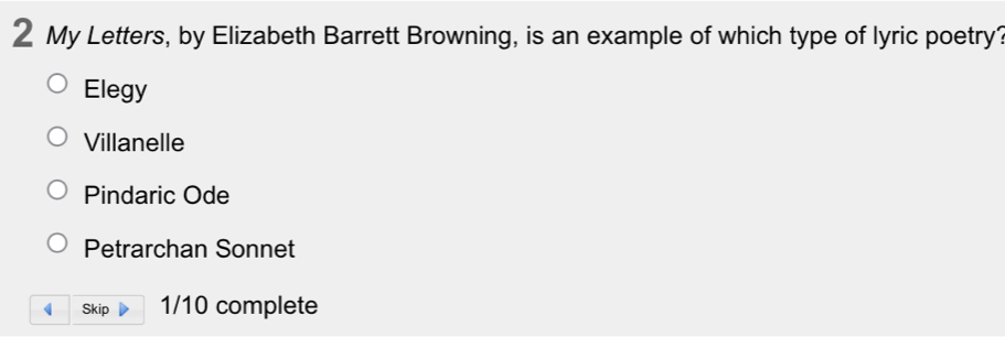 Solved: My Letters, by Elizabeth Barrett Browning, is an example of ...