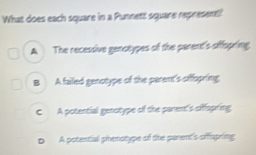 Solved: What does each square in a Punnett square represent? A The ...