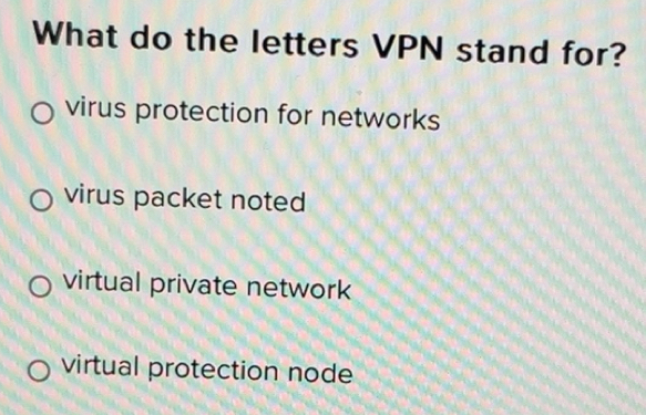 Solved: What do the letters VPN stand for? virus protection for ...