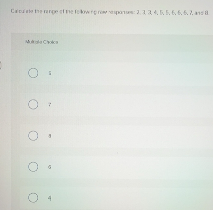 Solved: Calculate the range of the following raw responses: 2, 3, 3, 4 ...