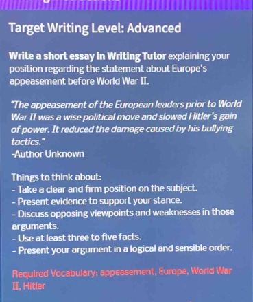 Solved: Target Writing Level: Advanced Write a short essay in Writing ...