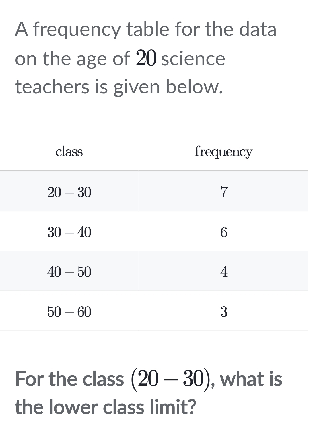 Solved: A frequency table for the data on the age of 20 science ...