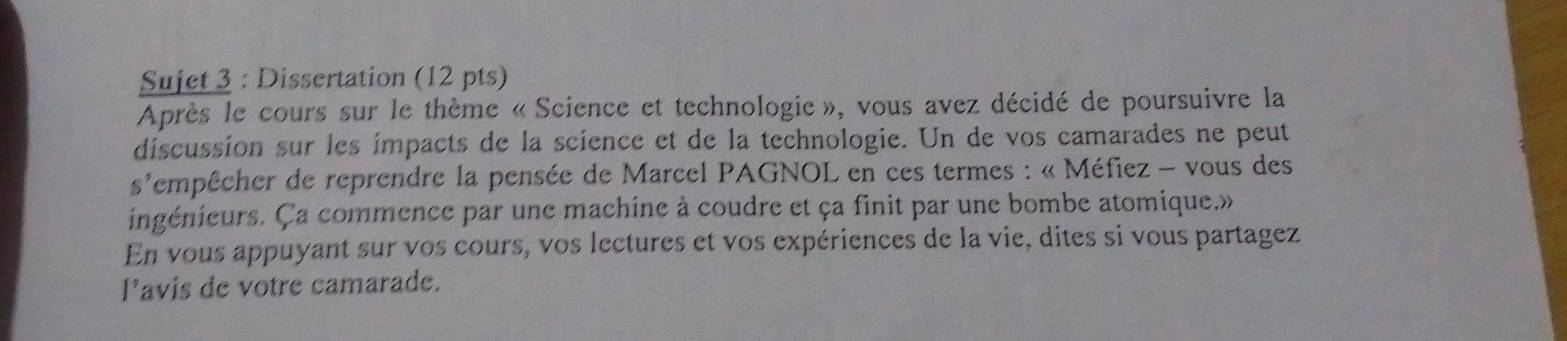 Solved: Sujet 3 : Dissertation (12 pts) Après le cours sur le thème ...