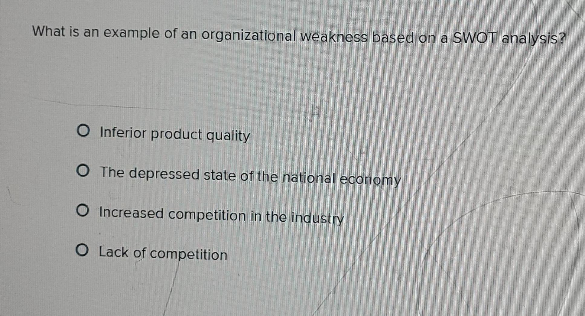 Solved: What is an example of an organizational weakness based on a ...