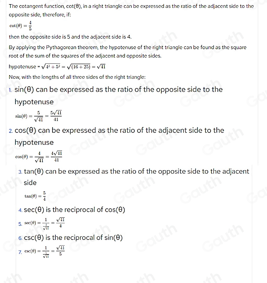 Solved: If cot θ = 4/5 , then find the exact values of sin θ , cos θ ...
