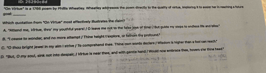 Solved: ID: 25290c8d "On Virtue" is a 1766 poem by Phillis Wheatley ...