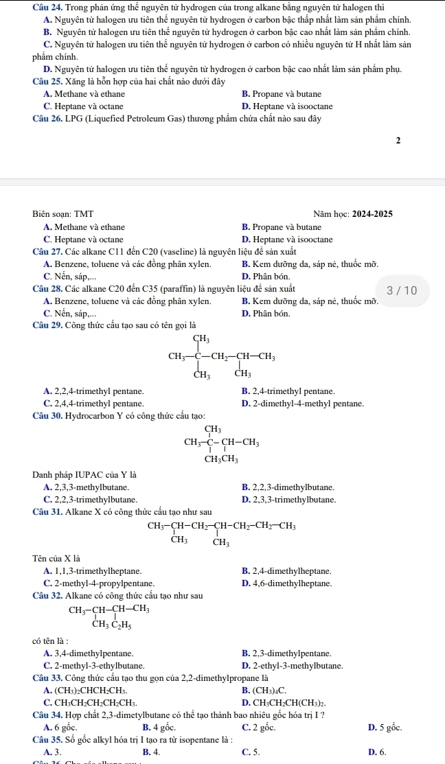 Giải quyết:Trong phản ứng thể nguyên tử hydrogen của trong alkane bằng ...