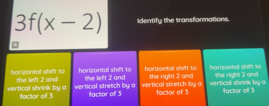 Solved: 3f(x-2) Identify the transformations. Q horizontal shift to ...