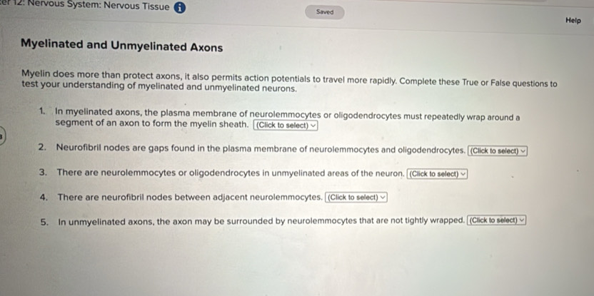 Solved: 12: Nervous System: Nervous Tissue Saved Help Myelinated and ...