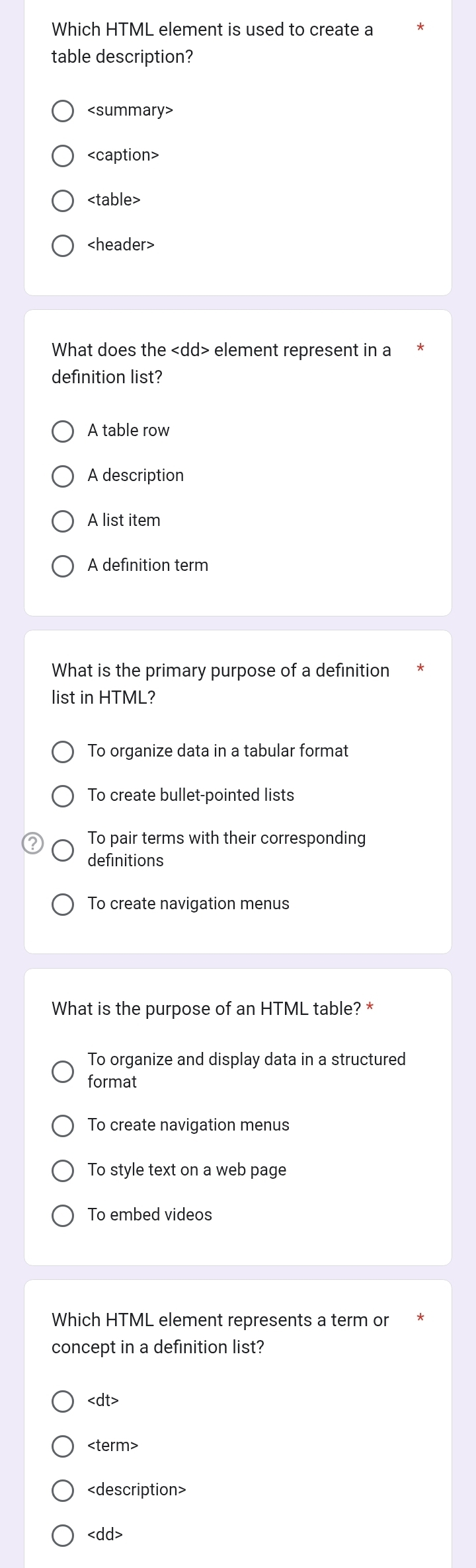 Solved: Which HTML element is used to create a table description? What ...