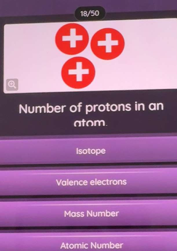 Resuelto:18/50 +++ Q t Number of protons in an atom. Isotope Valence ...